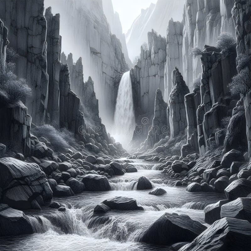 A Majestic Waterfall in Rocky Canyon Drawn with Graphite Pencil. Stock ...