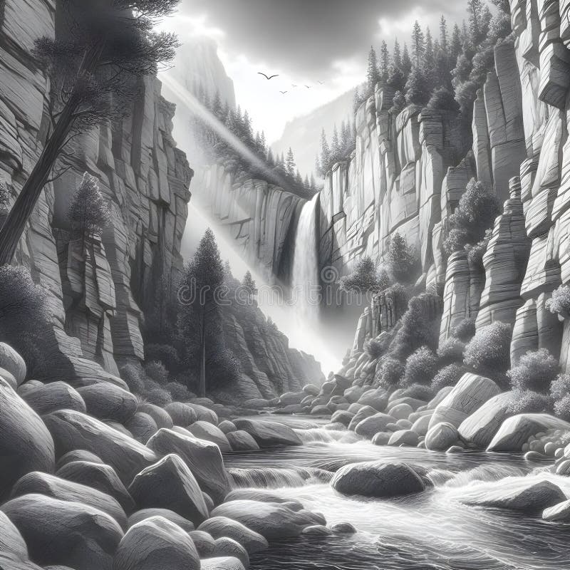 A Majestic Waterfall in Rocky Canyon Drawn with Graphite Pencil. Stock ...