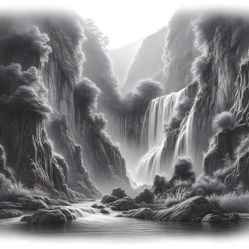 A Majestic Waterfall in Rocky Canyon Drawn with Graphite Pencil. Stock ...