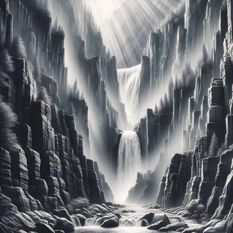 A Majestic Waterfall in Rocky Canyon Drawn with Graphite Pencil. Stock ...