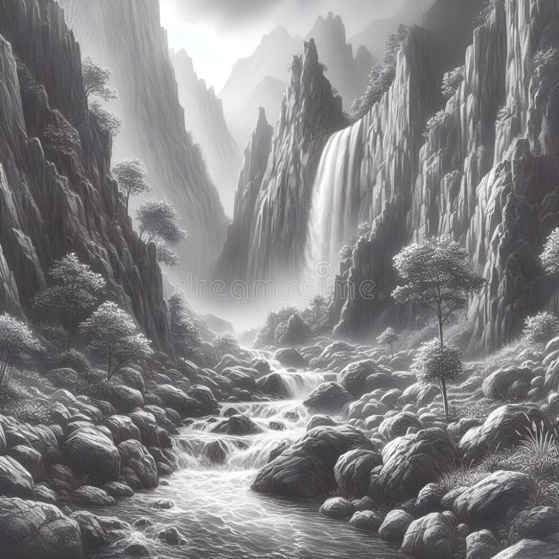 A Majestic Waterfall in Rocky Canyon Drawn with Graphite Pencil. Stock ...