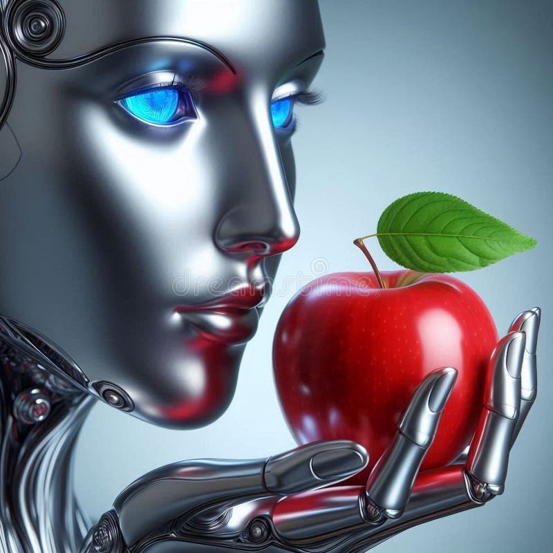 Metallic Humanoid with Blue Eyes Holding and Looking on a Bright Red ...