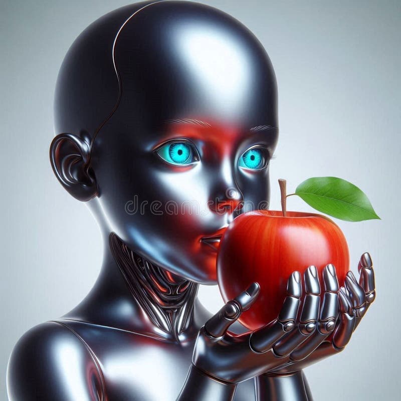 Metallic Humanoid with Blue Eyes Holding and Looking on a Bright Red ...