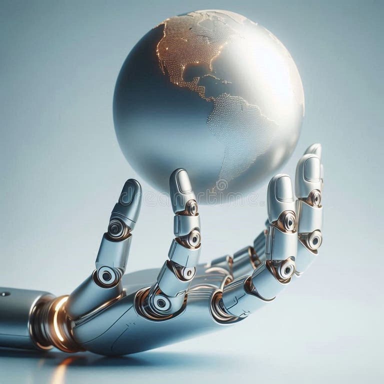 A Metallic Robot Hand Balancing a Globe on it Fingertip. Stock ...