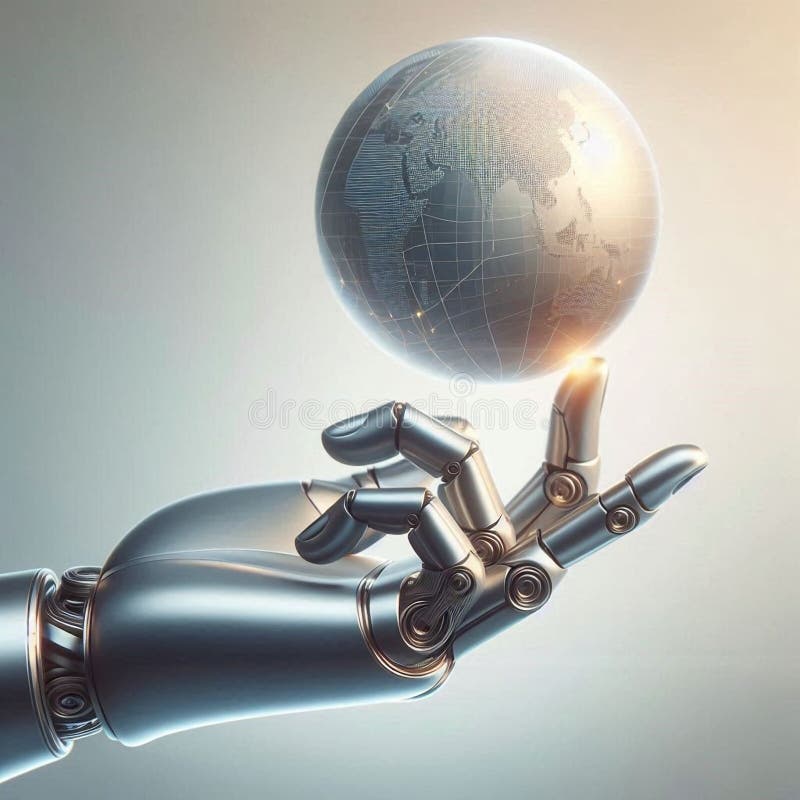 A Metallic Robot Hand Balancing a Globe on it Fingertip. Stock ...