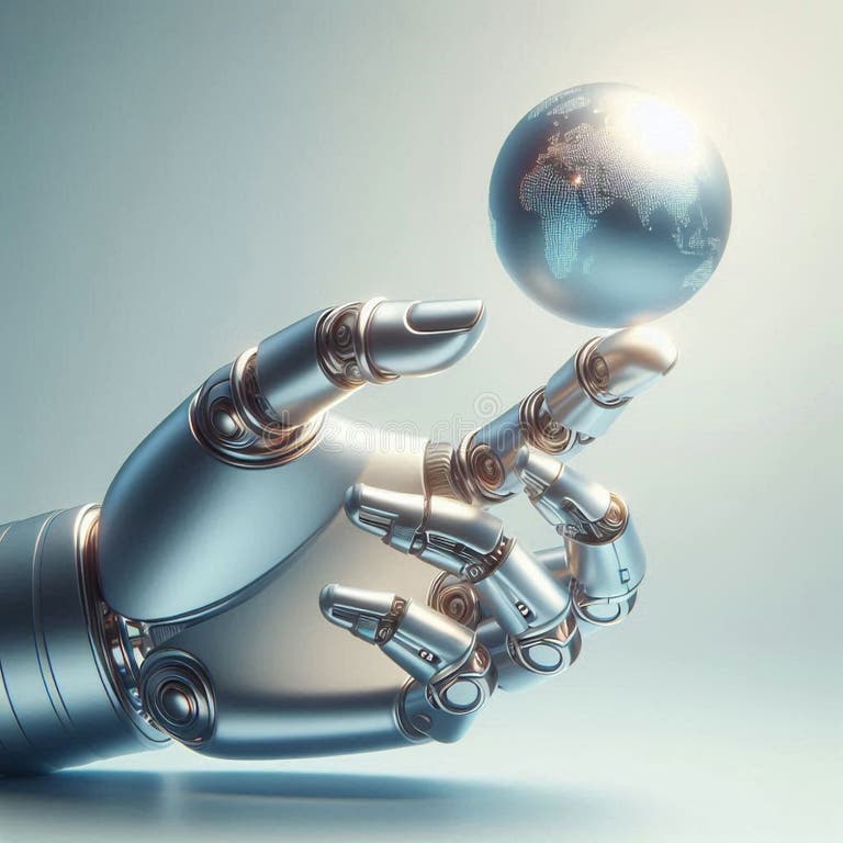 A Metallic Robot Hand Balancing a Globe on it Fingertip. Stock ...