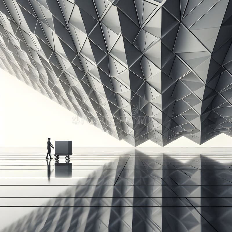 A Minimalist Futuristic Image of a Person Pushing a Small Cart in a ...