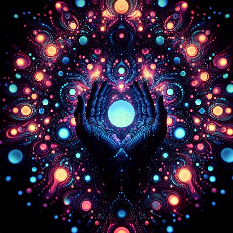 Multi Colored Black Light Mystical Fractal Art at Night with a Hand ...