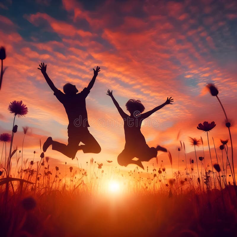 An Old Couple in Silhouette Leaping with Joy in the Field Full of Grass ...