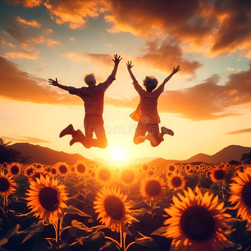 An Old Couple in Silhouette Leaping with Joy in the Field Full of Grass ...