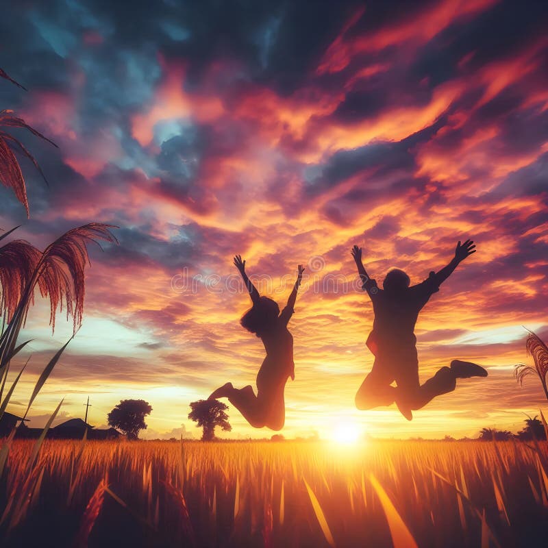 An Old Couple in Silhouette Leaping with Joy in the Field Full of Grass ...