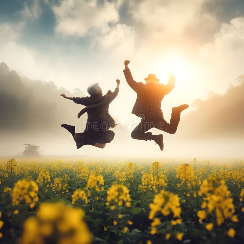 An Old Couple in Silhouette Leaping with Joy in the Field Full of Grass ...