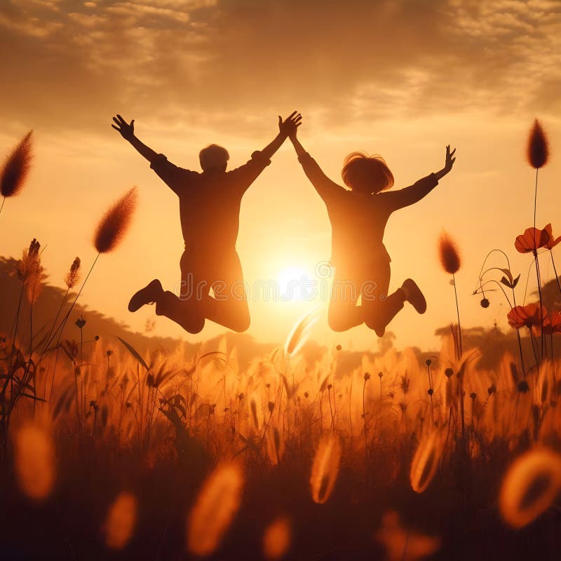 An Old Couple in Silhouette Leaping with Joy in the Field Full of Grass ...