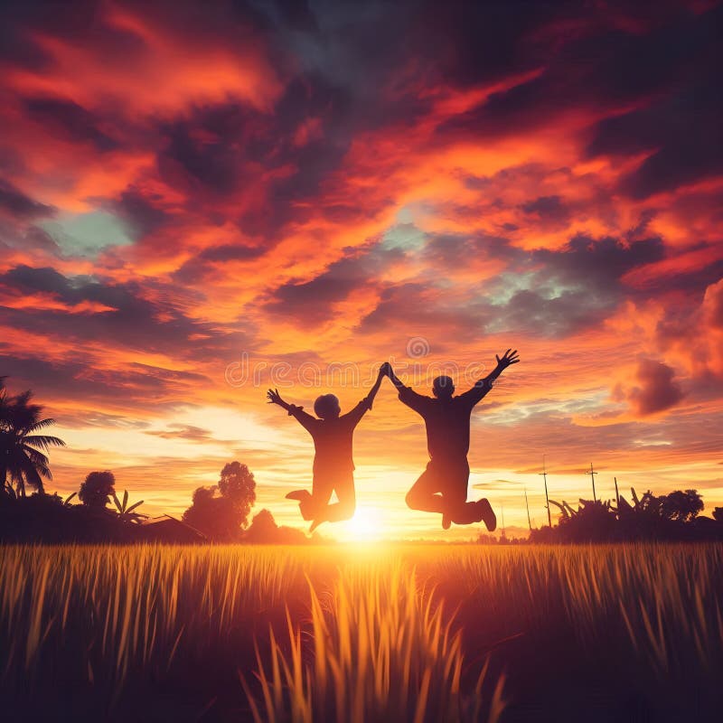An Old Couple in Silhouette Leaping with Joy in the Field Full of Grass ...
