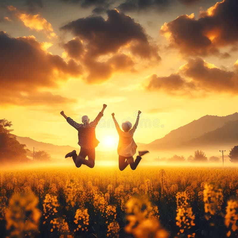An Old Couple in Silhouette Leaping with Joy in the Field Full of Grass ...