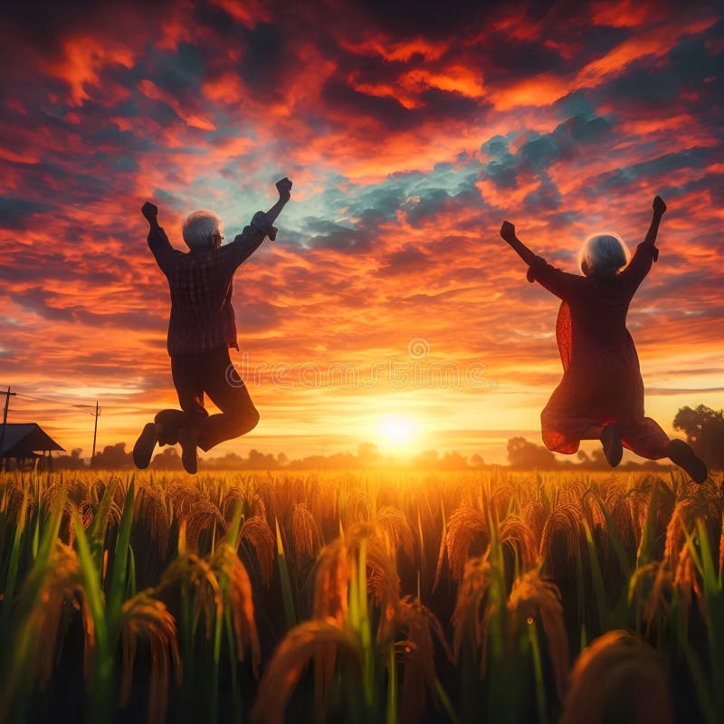 An Old Couple in Silhouette Leaping with Joy in the Field Full of Grass ...