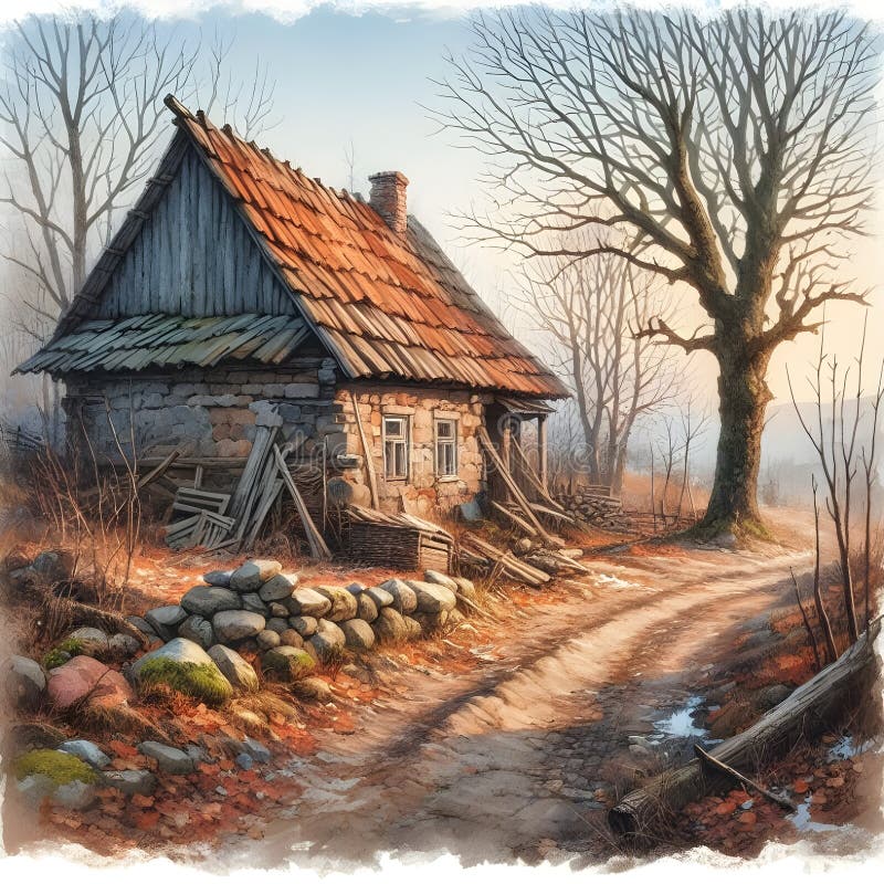 Old Dilapidated Cottage with Stone Foundation,tile Roof,bare Trees and ...