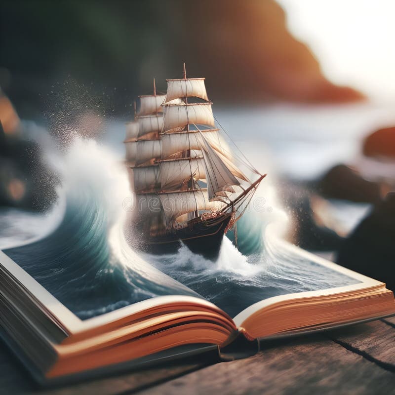Image of an Open Book with 3 Dimensional Photo of a Sailing Ship on a ...