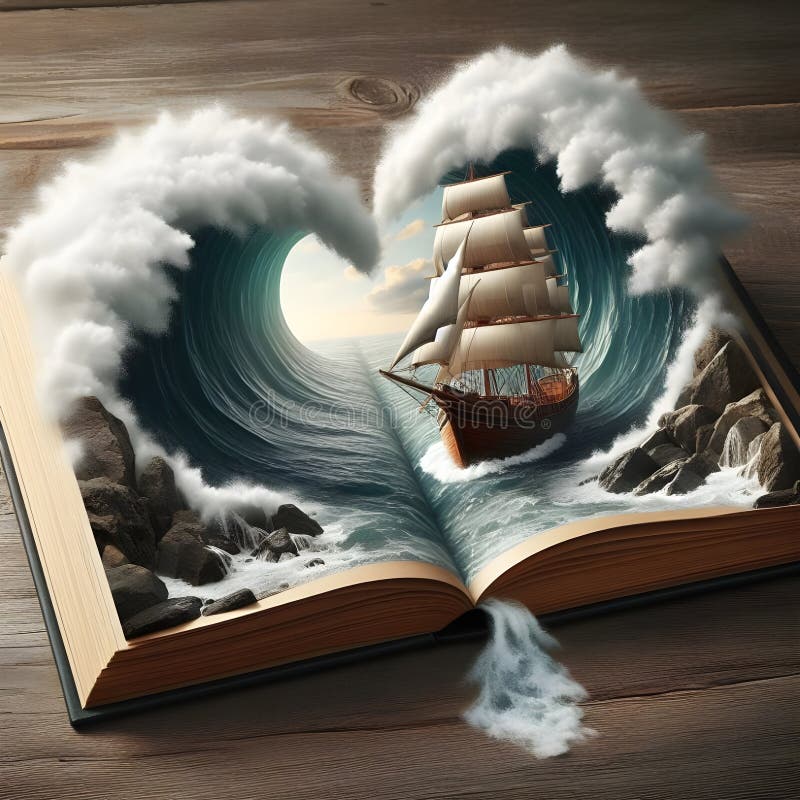 Image of an Open Book with 3 Dimensional Photo of a Sailing Ship on a ...