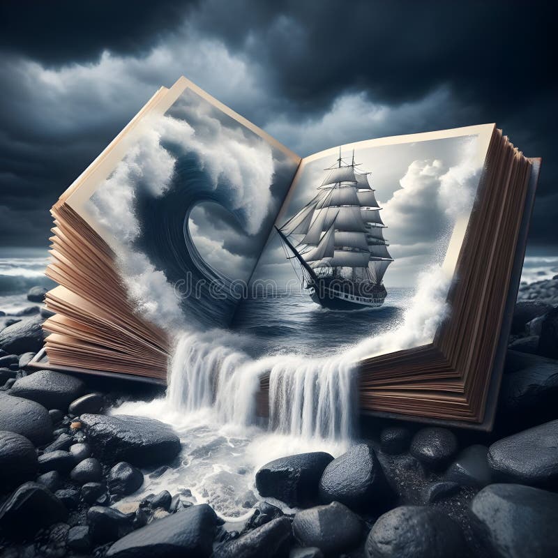 Image of an Open Book with 3 Dimensional Photo of a Sailing Ship on a ...
