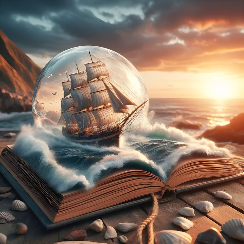 Image of an Open Book with 3 Dimensional Photo of a Sailing Ship on a ...