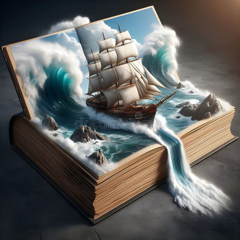 Image of an Open Book with 3 Dimensional Photo of a Sailing Ship on a ...