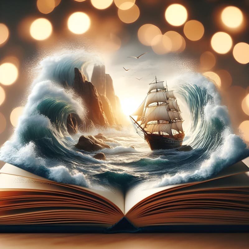 Image of an Open Book with 3 Dimensional Photo of a Sailing Ship on a ...