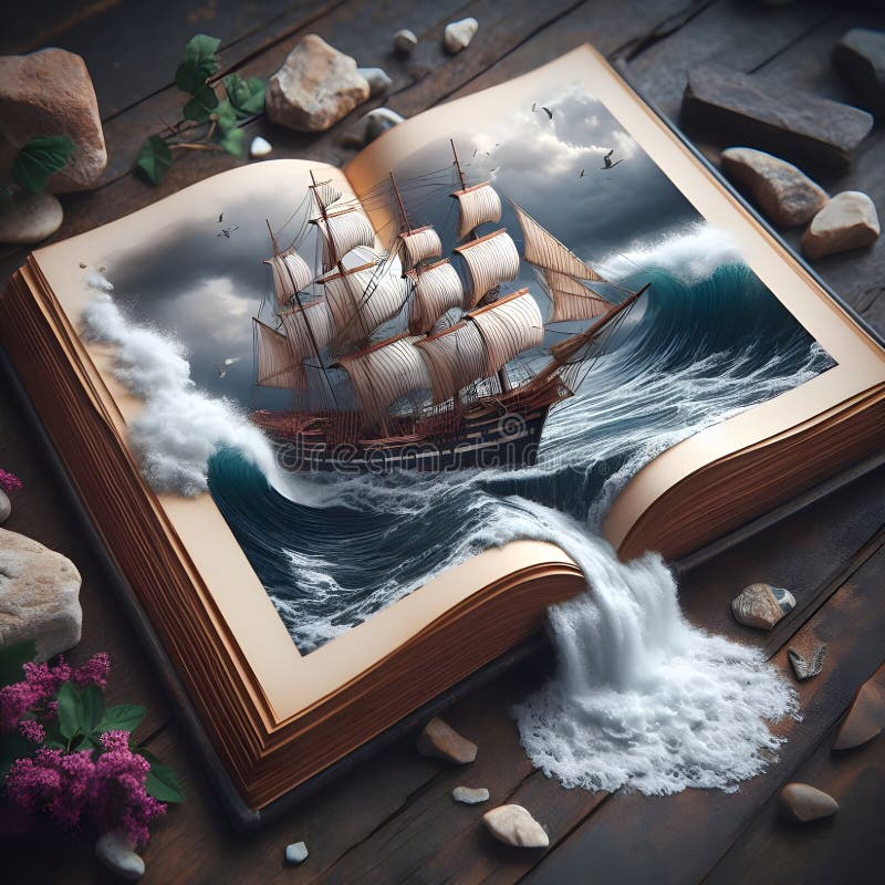 Image of an Open Book with 3 Dimensional Photo of a Sailing Ship on a ...