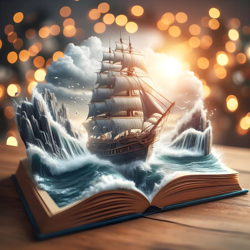 Image of an Open Book with 3 Dimensional Photo of a Sailing Ship on a ...