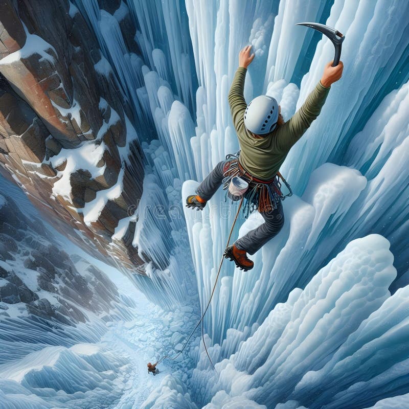 An Ice Climber Hanging and Climbing from a Steep Ice Wall with the Ice ...
