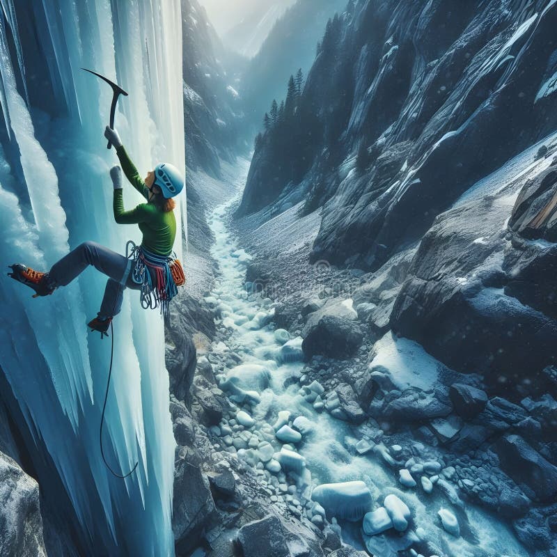 An Ice Climber Hanging and Climbing from a Steep Ice Wall with the Ice ...