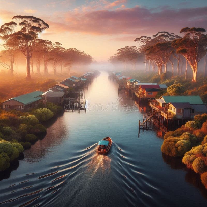 A Paddle Streamer Move Along the River between the Houses are Gum Trees ...
