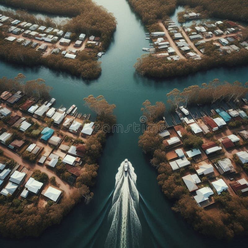 A Paddle Streamer Move Along the River between the Houses are Gum Trees ...