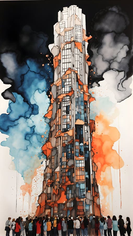 Image of Painterly Tall Wonky Shape Building with Lots of People ...