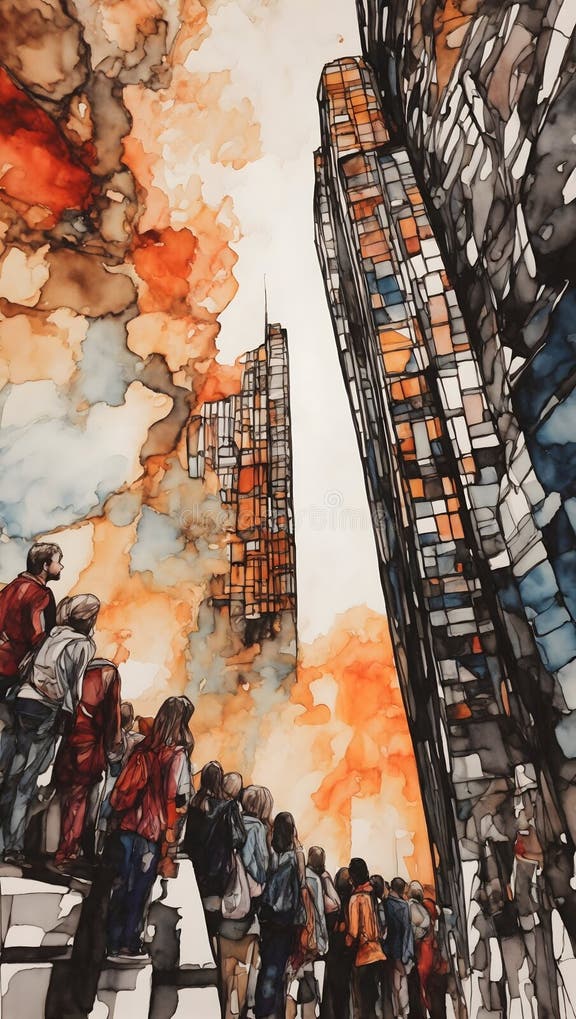 Image of Painterly Tall Wonky Shape Building with Lots of People ...