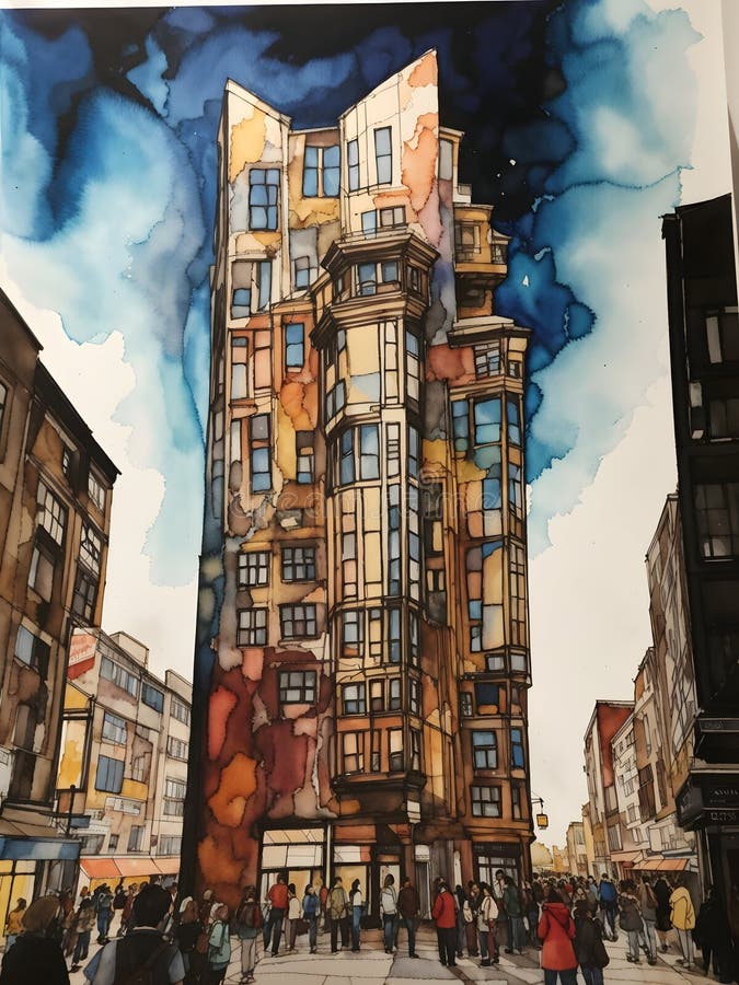 Image of Painterly Tall Wonky Shape Building with Lots of People ...