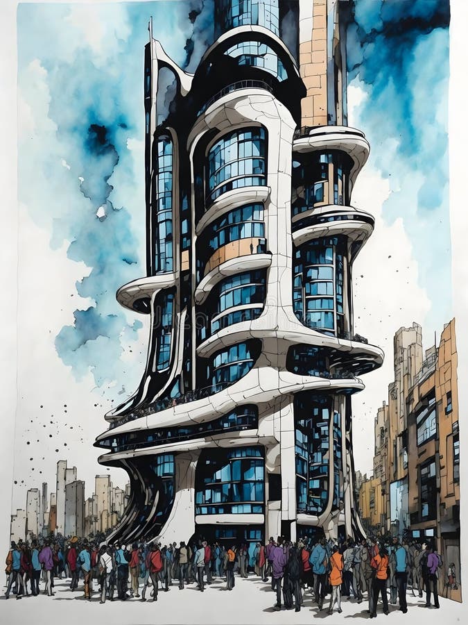 Image of Painterly Tall Wonky Shape Building with Lots of People ...