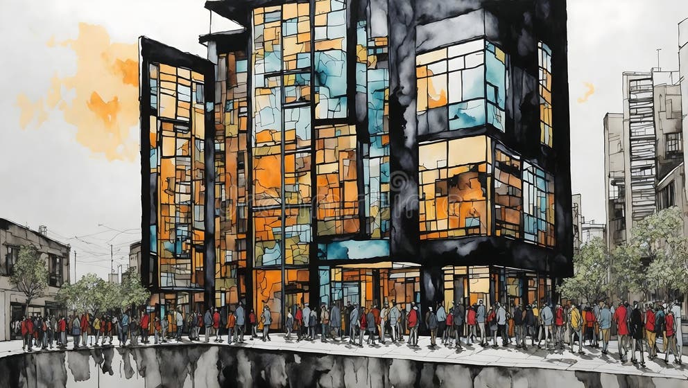 Image of Painterly Tall Wonky Shape Building with Lots of People ...