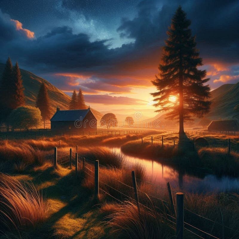 Image of a Peaceful Evening on a Quiet Rural Countryside Around the ...