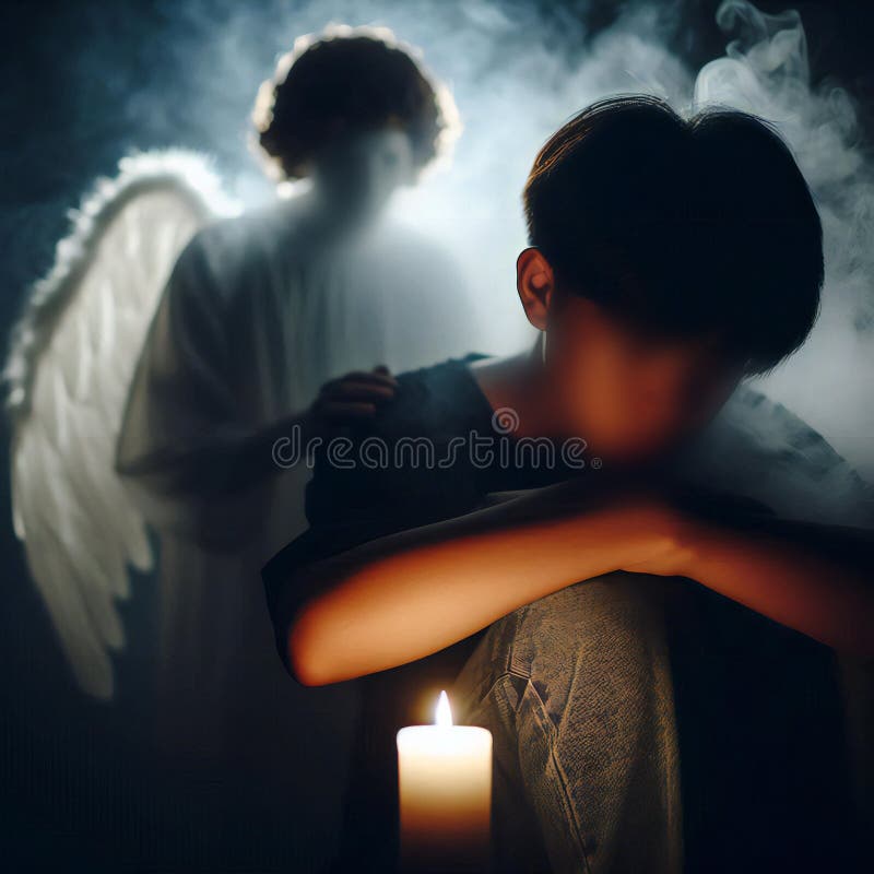 Image of a Person Being Comfort by a White Angel in the Dark Little by ...