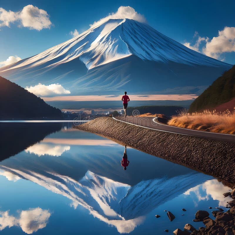 Image of a Person Running between Mount Fuji Covered with Snow and ...
