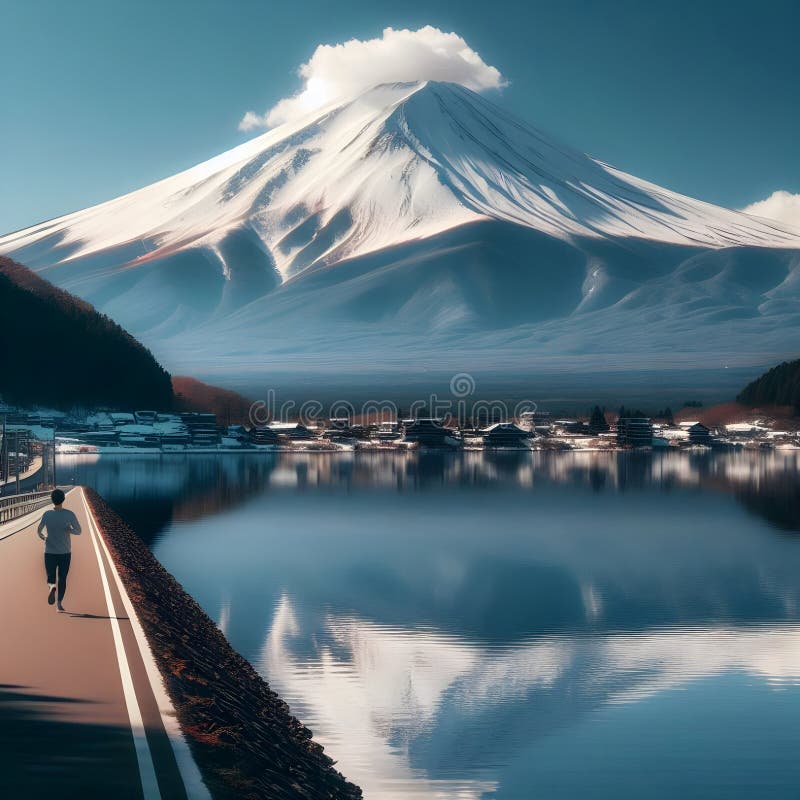 Image of a Person Running between Mount Fuji Covered with Snow and ...