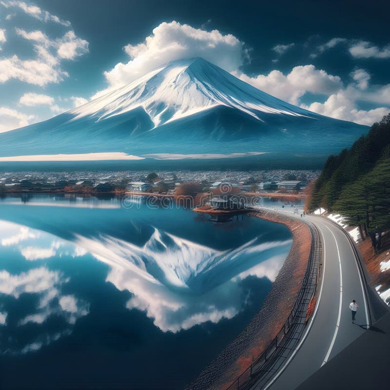 Image of a Person Running between Mount Fuji Covered with Snow and ...