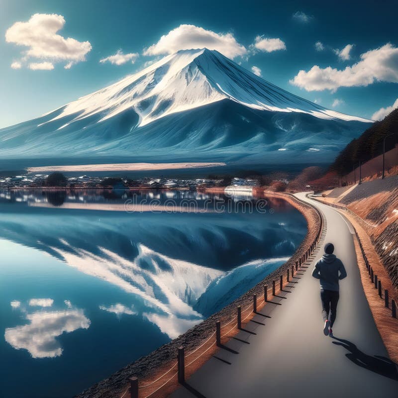 Image of a Person Running between Mount Fuji Covered with Snow and ...