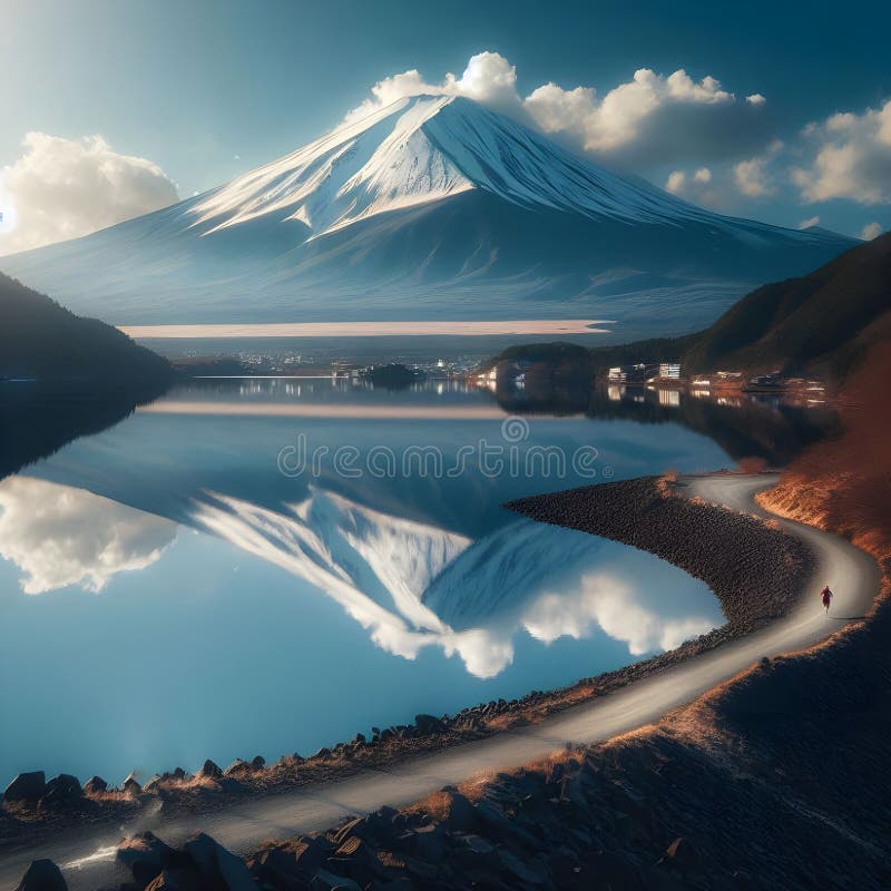 Image of a Person Running between Mount Fuji Covered with Snow and ...