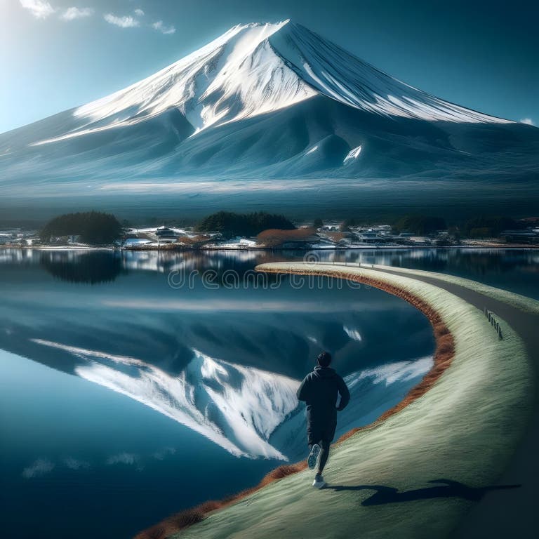 Image of a Person Running between Mount Fuji Covered with Snow and ...