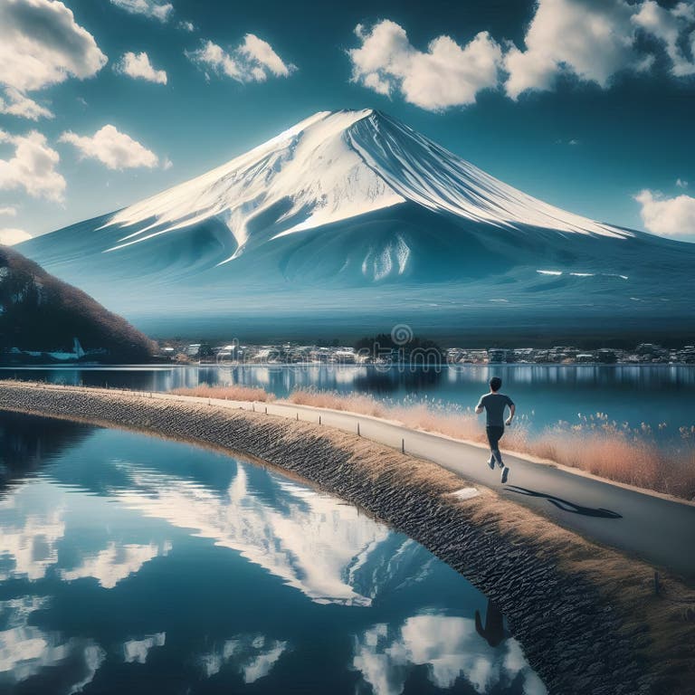 Image of a Person Running between Mount Fuji Covered with Snow and ...