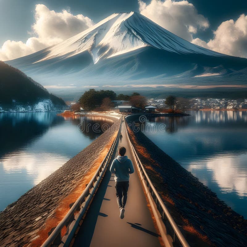 Image of a Person Running between Mount Fuji Covered with Snow and ...
