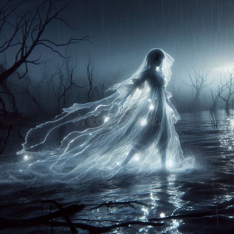 A Phantom Figure Prowls the Flooded River in Translucent Form. Stock ...