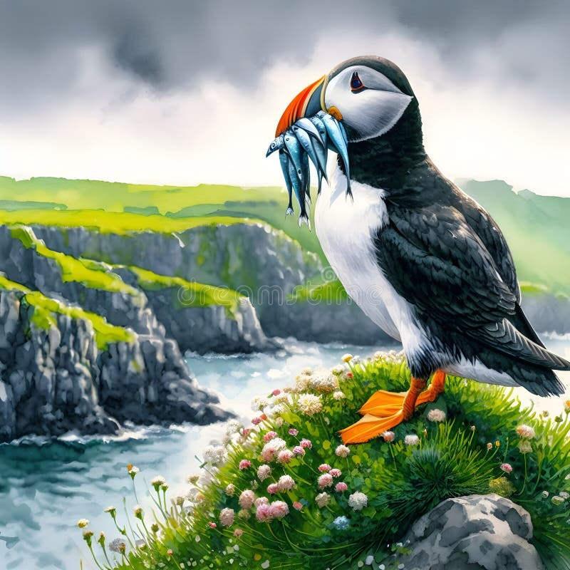 Image of Puffin Birds Standing on Top of a Lush Green Hillside Scene ...